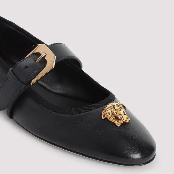 Versace Lamb Leather Ballerinas With Gold Tone Embellishment - Black