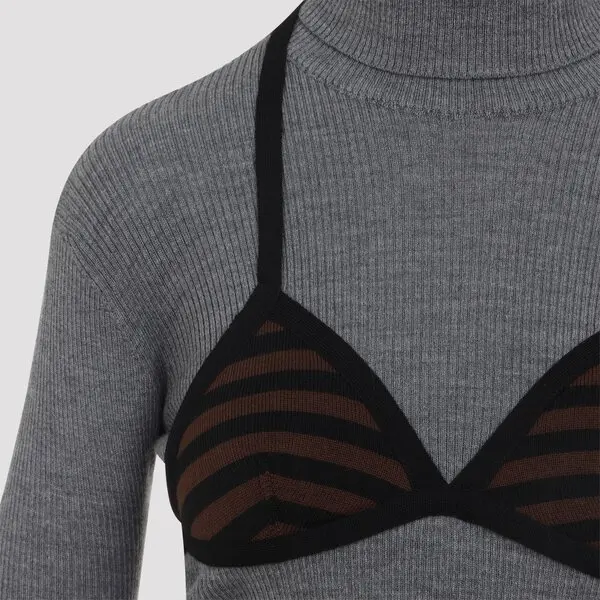 Moschino Virgin Wool Ribbed Turtleneck With Striped Bikini Detail