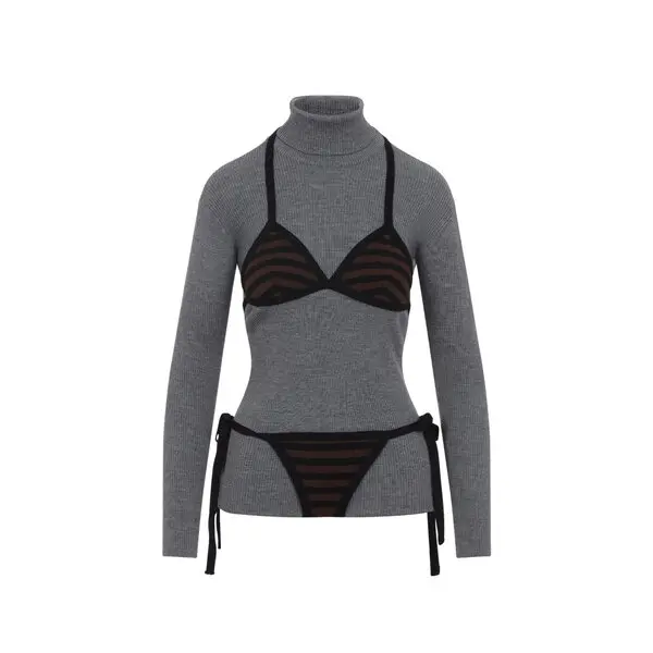 Moschino Virgin Wool Ribbed Turtleneck With Striped Bikini Detail - Gray