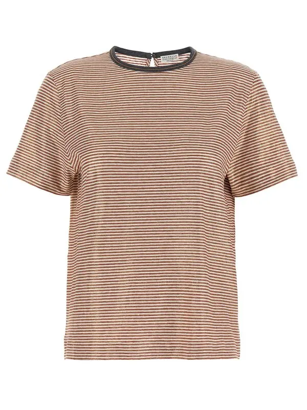 Brunello Cucinelli Striped Stretch Linen T-shirt With Monile Detail