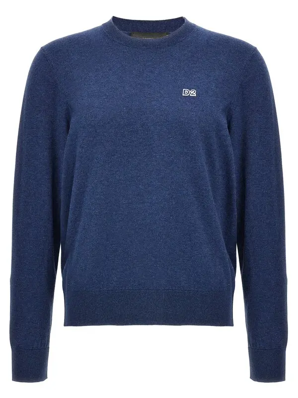 Dsquared2 Melange Cotton Crewneck Sweater With Logo Patch - Blue
