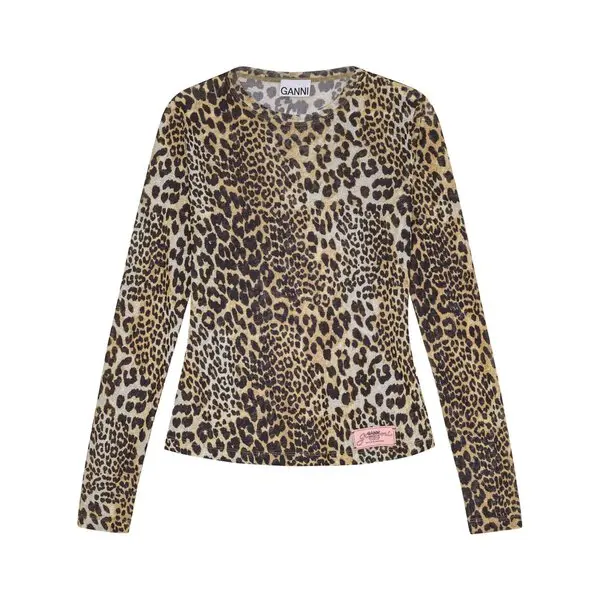 GANNI Long Sleeve Leopard Print Top - Brown