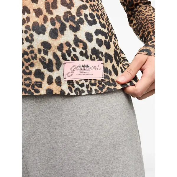 GANNI Long Sleeve Leopard Print Top - Brown
