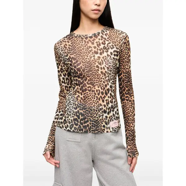 GANNI Long Sleeve Leopard Print Top - Brown