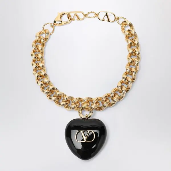 Valentino Garavani Gold-coloured Metal Chain Bracelet With Black Heart Charm - Silver