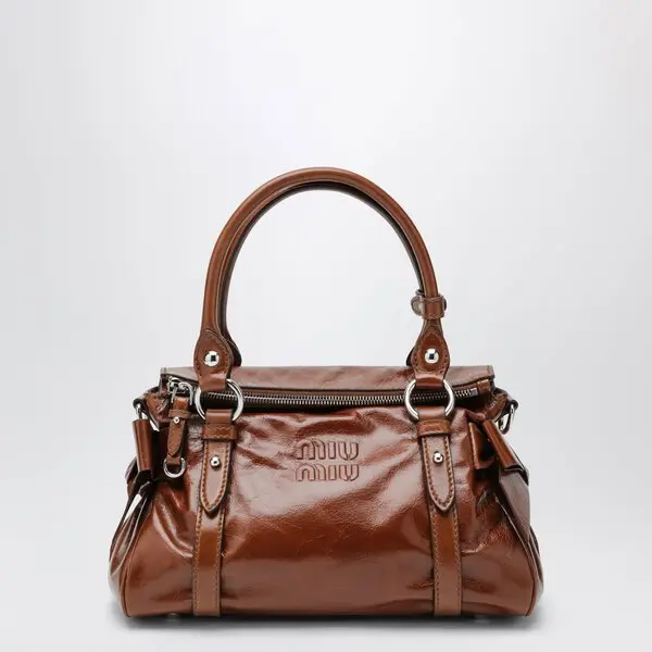 Miu Miu Medium Top Handle Bag In Glossy Leather - Brown