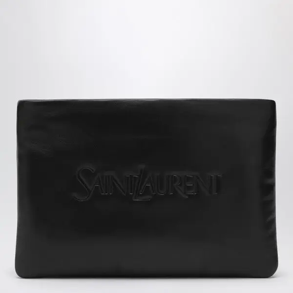 Saint Laurent Padded Leather Clutch Bag With Embossed Logo - Black