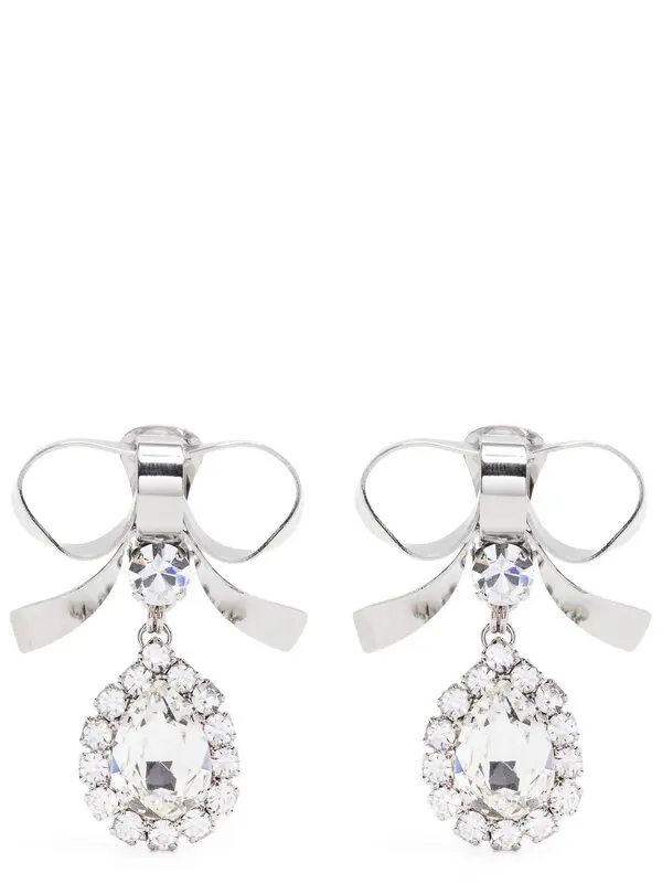 Alessandra Rich Metal Bow Crystal Drop Earrings - Silver