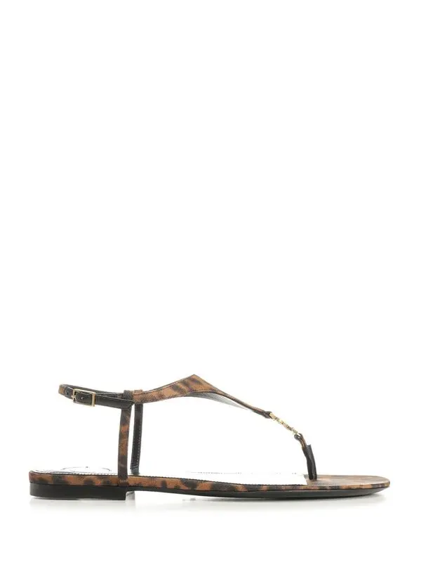 Saint Laurent Flat Leopard-print Sandals With "cassandre" Logo - Brown