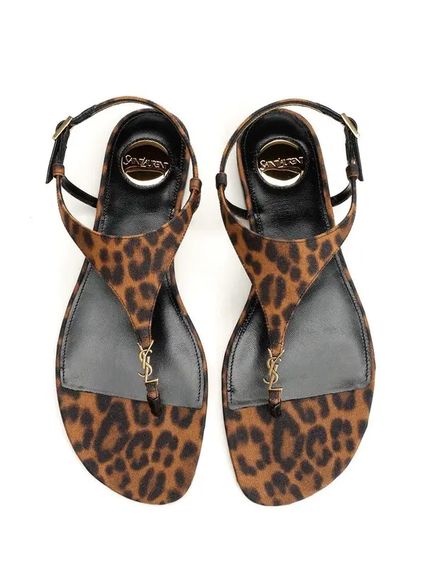 Saint Laurent Flat Leopard-print Sandals With "cassandre" Logo