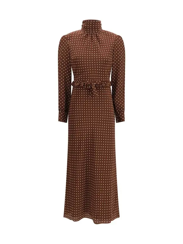 Alessandra Rich Polka Dot Silk Crêpe De Chine Midi Dress - Brown