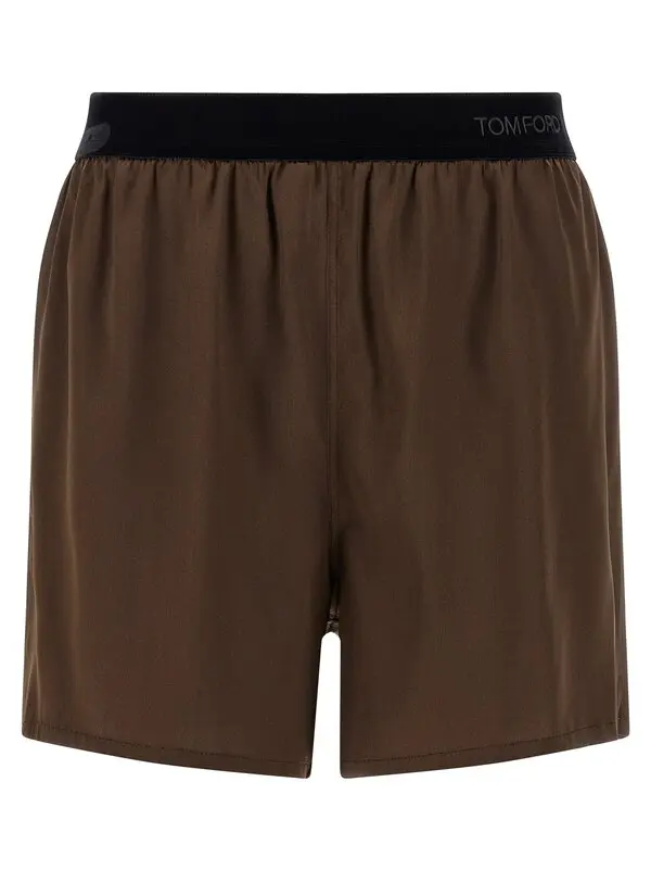 TOM FORD Stretch Silk Pajama Shorts With Velvet Logo Waistband - Brown
