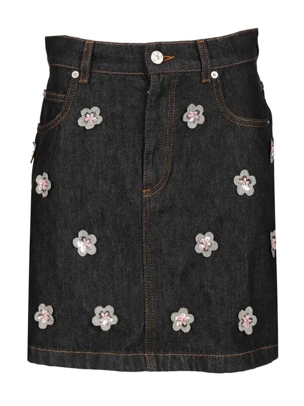 Marni Black Denim Skirt With Daisy Appliques And Gemstone Embellishments