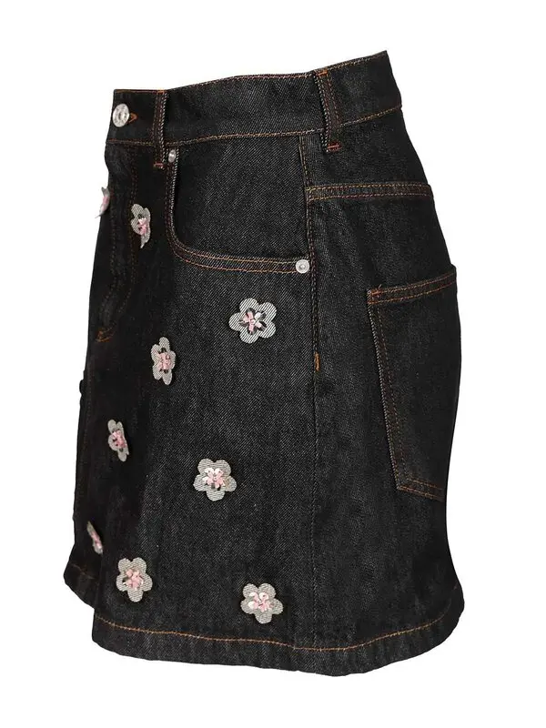 Marni Black Denim Skirt With Daisy Appliques And Gemstone Embellishments
