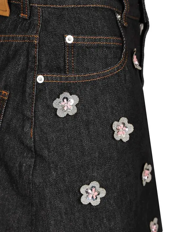 Marni Black Denim Skirt With Daisy Appliques And Gemstone Embellishments
