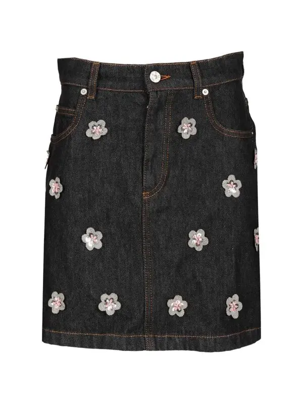 Marni Black Denim Skirt With Daisy Appliques And Gemstone Embellishments
