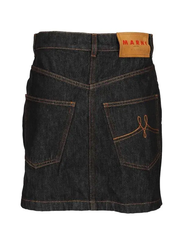 Marni Black Denim Skirt With Daisy Appliques And Gemstone Embellishments