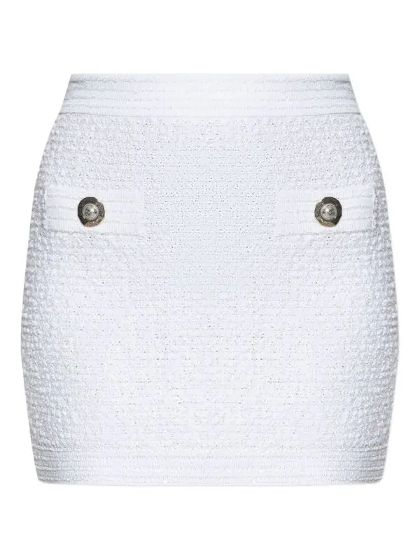 Balmain White Tweed Mini Skirt With Decorative Button Detailing - Multicolor