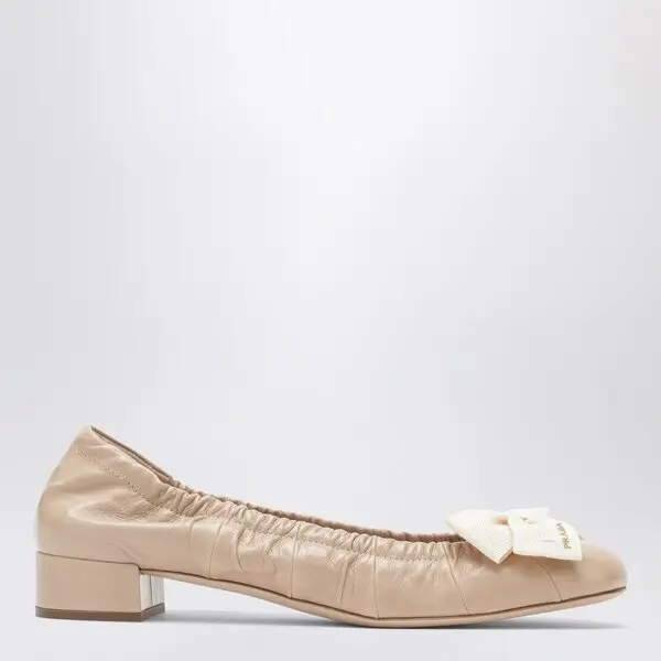Prada Ballerina Flats With Maxi Bow Detail - Cream