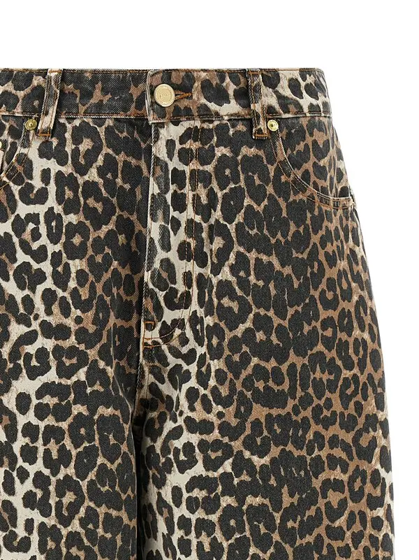 GANNI Leopard Print Barrel Leg Jeans - Brown