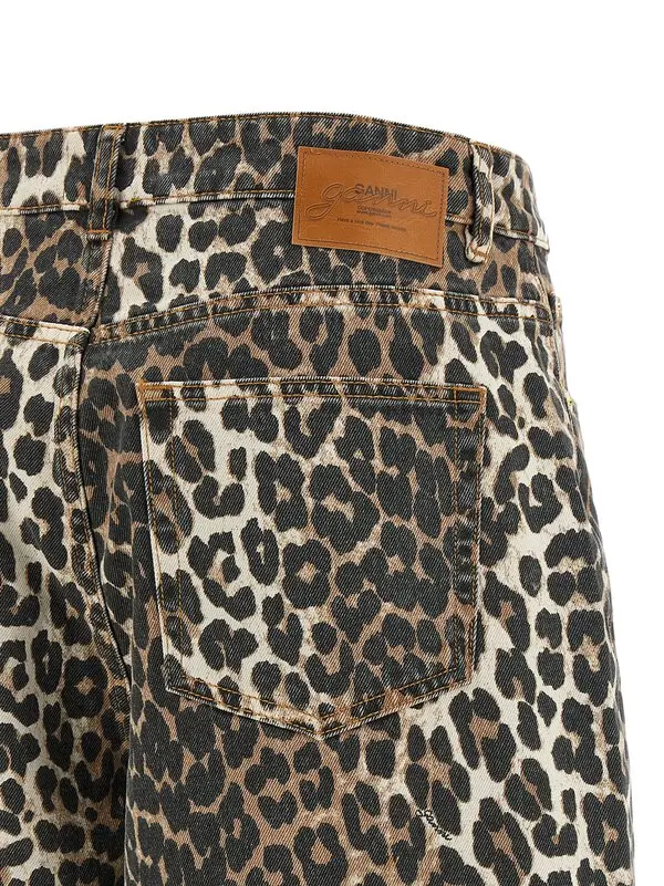 GANNI Leopard Print Barrel Leg Jeans - Brown