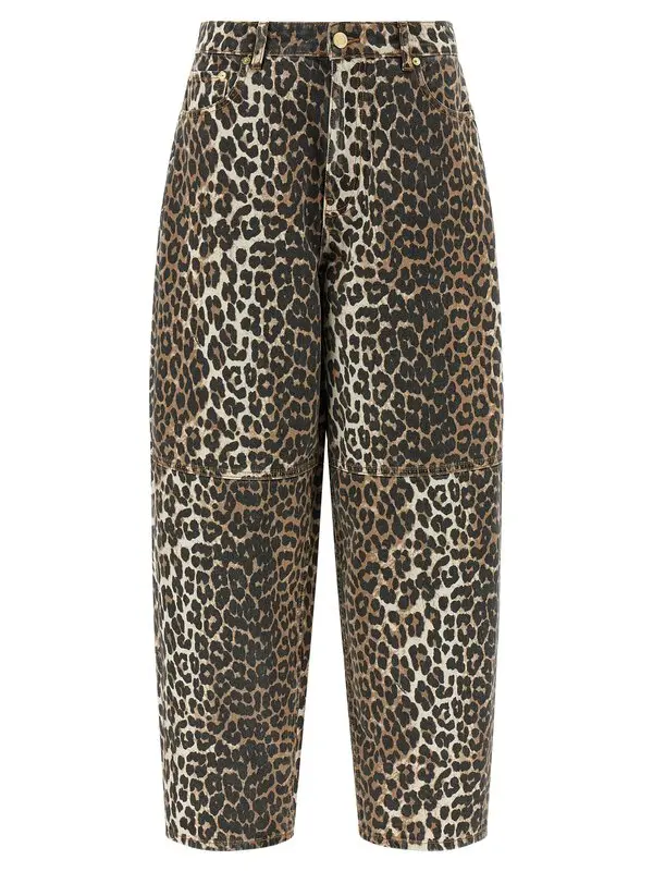 GANNI Leopard Print Barrel Leg Jeans - Brown