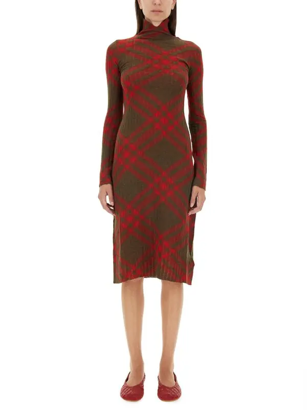 Burberry Check Wool Blend Dress - Red