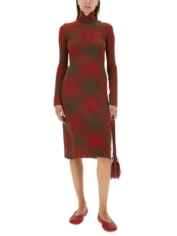 Burberry Check Wool Blend Dress - Red