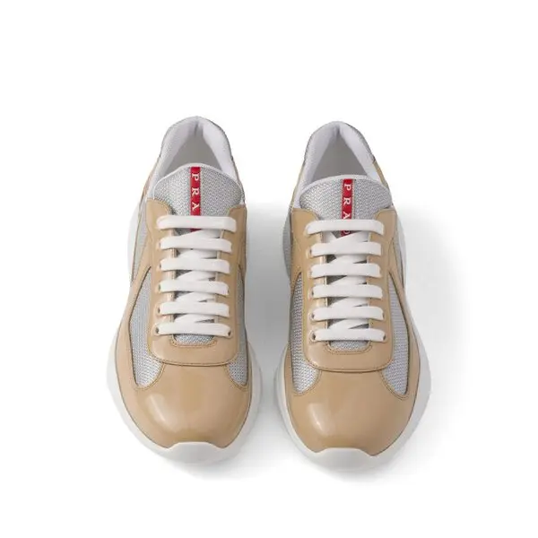 Prada Low-top Paneled Sneakers With Patent Finish - Cream