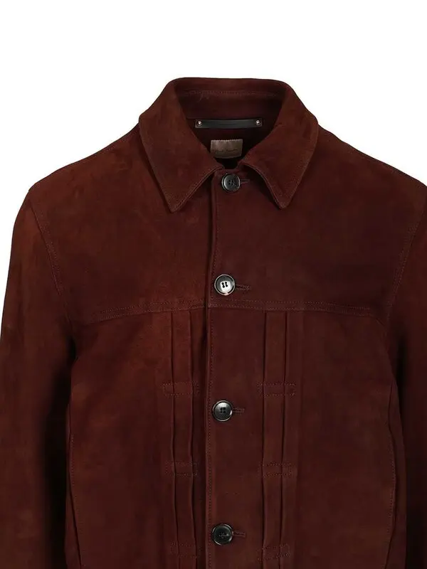 Paul Smith Pleated Nubuck Leather Trucker Jacket - Brown
