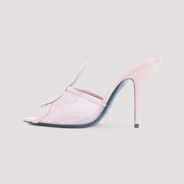 Valentino Garavani Pink Leather And Mesh Mules With Crystal Snake Embellishment