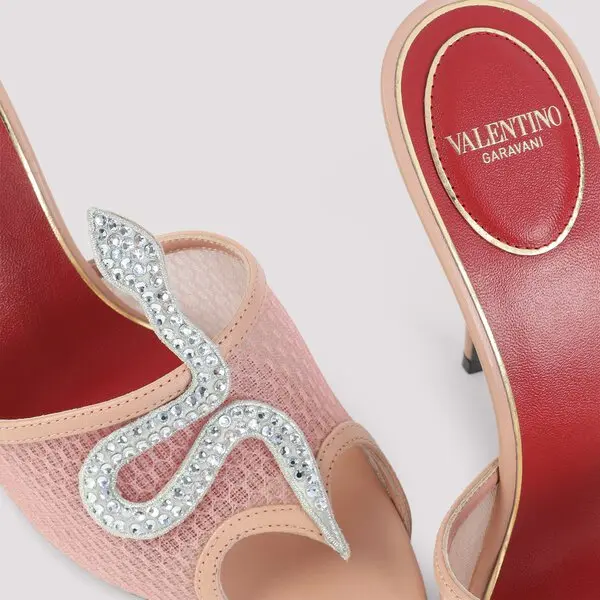 Valentino Garavani Pink Leather And Mesh Mules With Crystal Snake Embellishment
