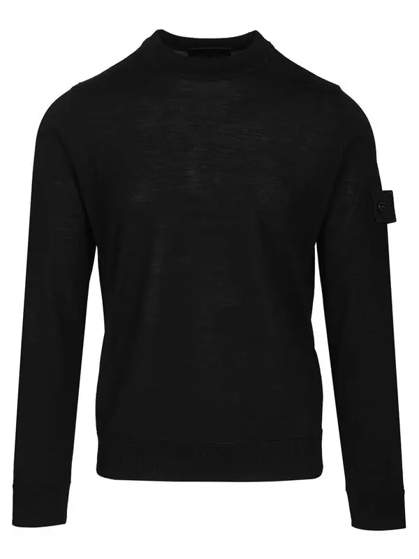 Stone Island Crew Neck Fine Knit Wool Sweater With Signature Badge - Black