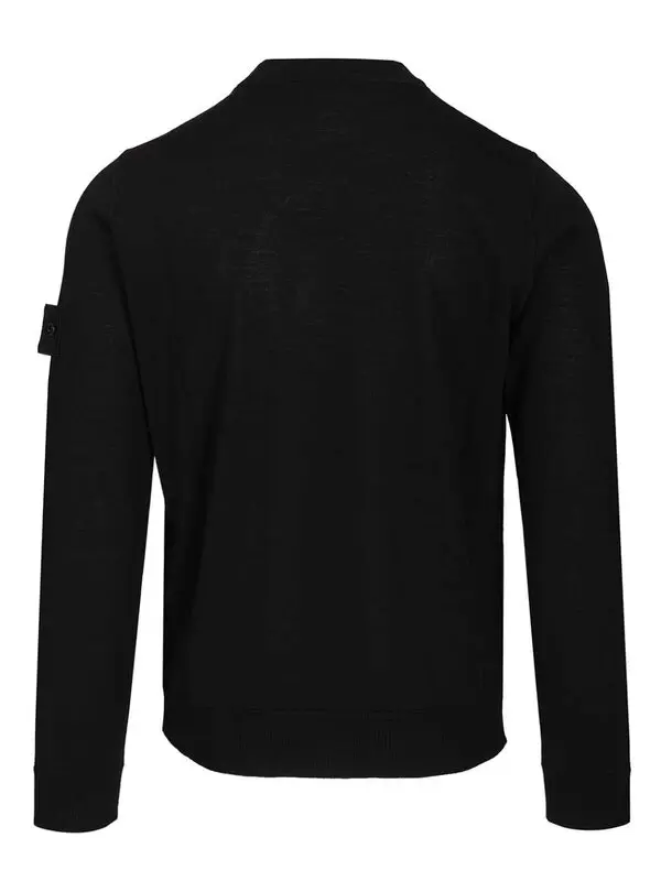 Stone Island Crew Neck Fine Knit Wool Sweater With Signature Badge - Black
