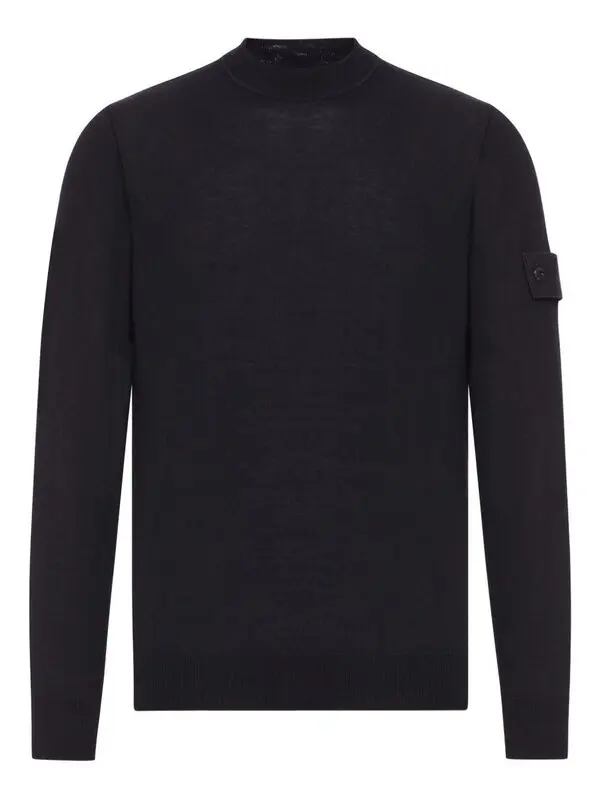 Stone Island Crew Neck Fine Knit Wool Sweater With Signature Badge - Black