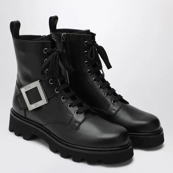 ROGER VIVIER Leather Lace-up Ankle Boots With Buckle Detail - Black