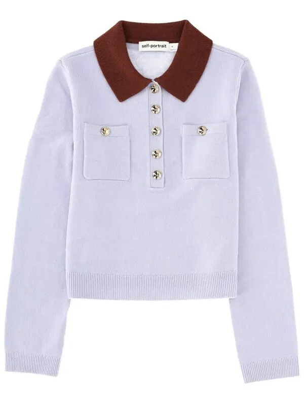 SELF-PORTRAIT Jersey Knit Sweater With Contrast Collar - Blue