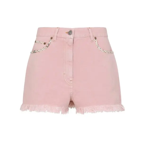 Valentino Garavani Cotton And Linen Blend Denim Shorts With Floral Accents - Multicolor