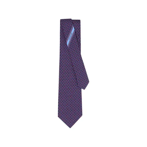 FERRAGAMO Gancini Link Print Silk Neck Tie - Blue