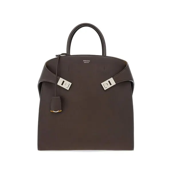 FERRAGAMO Gancini Buckle Calf Leather Tote Bag - Brown