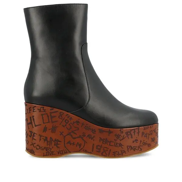 Chloé Calf Leather Graffiti Print Wedge Heel Ankle Boots - Black