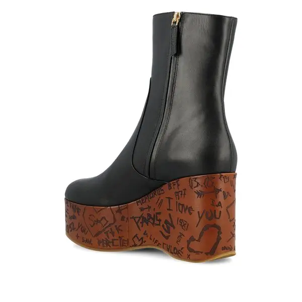 Chloé Calf Leather Graffiti Print Wedge Heel Ankle Boots