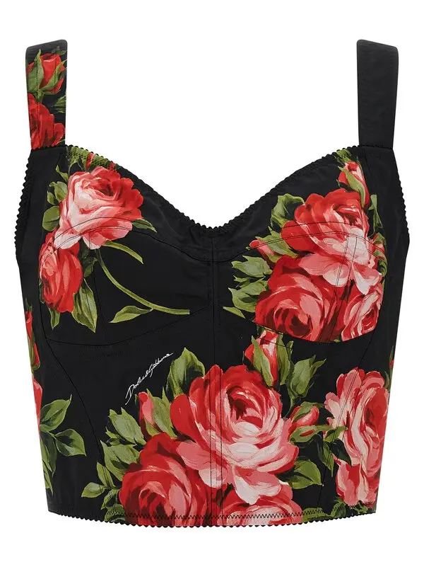 Dolce & Gabbana Bouquet Rose' Print Bustier Top - Black
