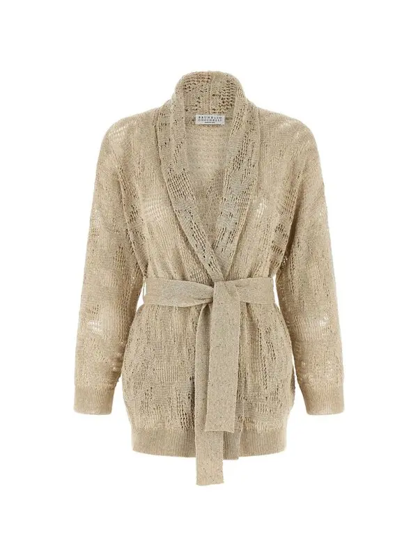 Brunello Cucinelli Belted Crochet Knit Cardigan With Sequins - Multicolor
