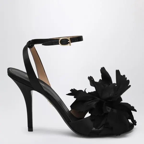 FERRAGAMO Satin Flower High Heel Sandals - Black