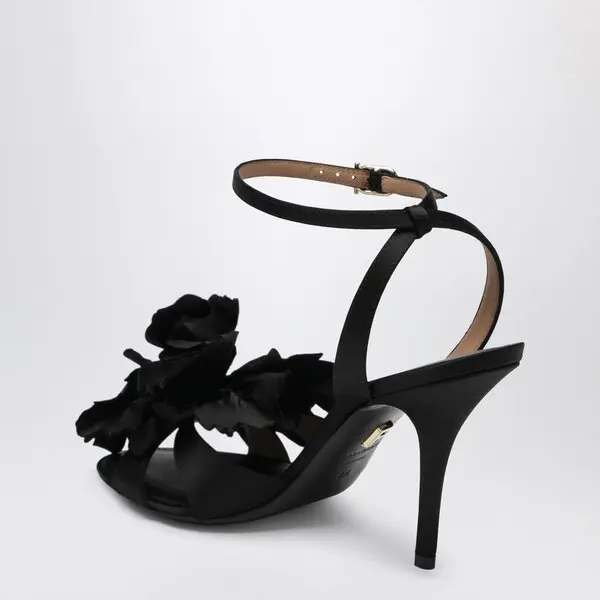FERRAGAMO Satin Flower High Heel Sandals - Black