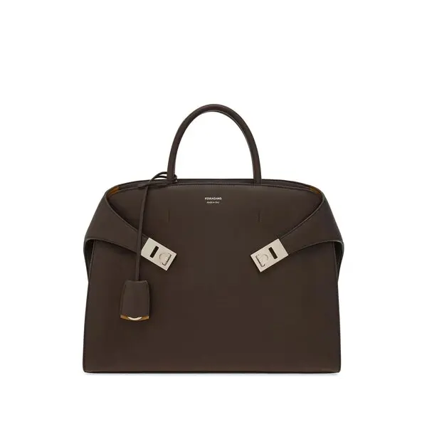 FERRAGAMO Calfskin Leather Tote Bag With Clasp Detail - Brown