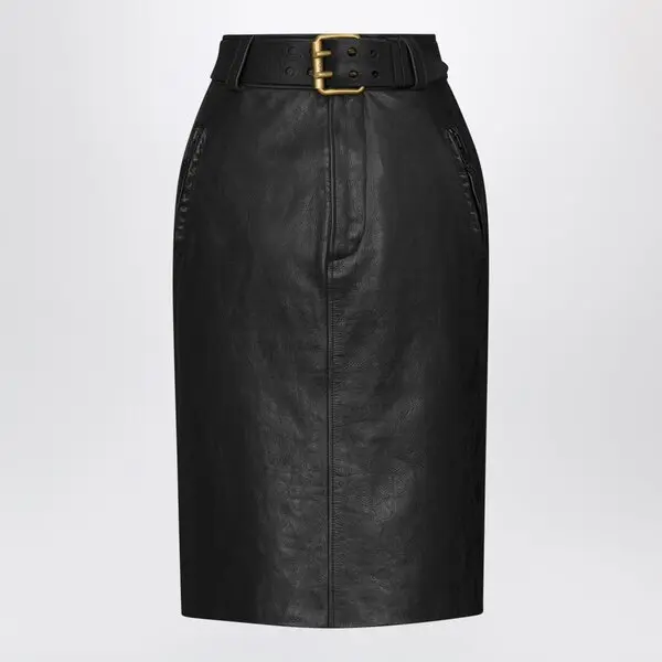 Saint Laurent Crinkled Calfskin Belted Pencil Skirt - Black