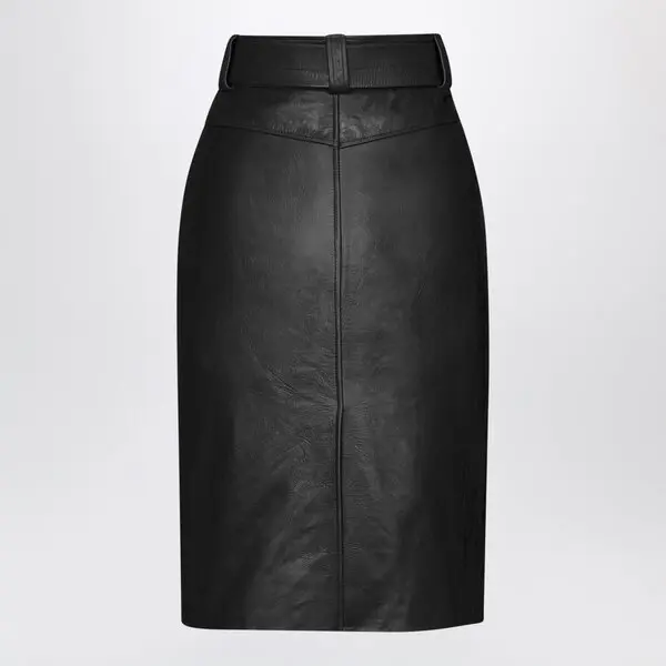 Saint Laurent Crinkled Calfskin Belted Pencil Skirt - Black