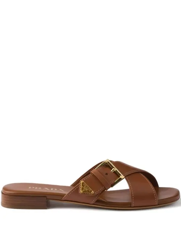 Prada Leather Crisscross Slides With Buckle - Brown